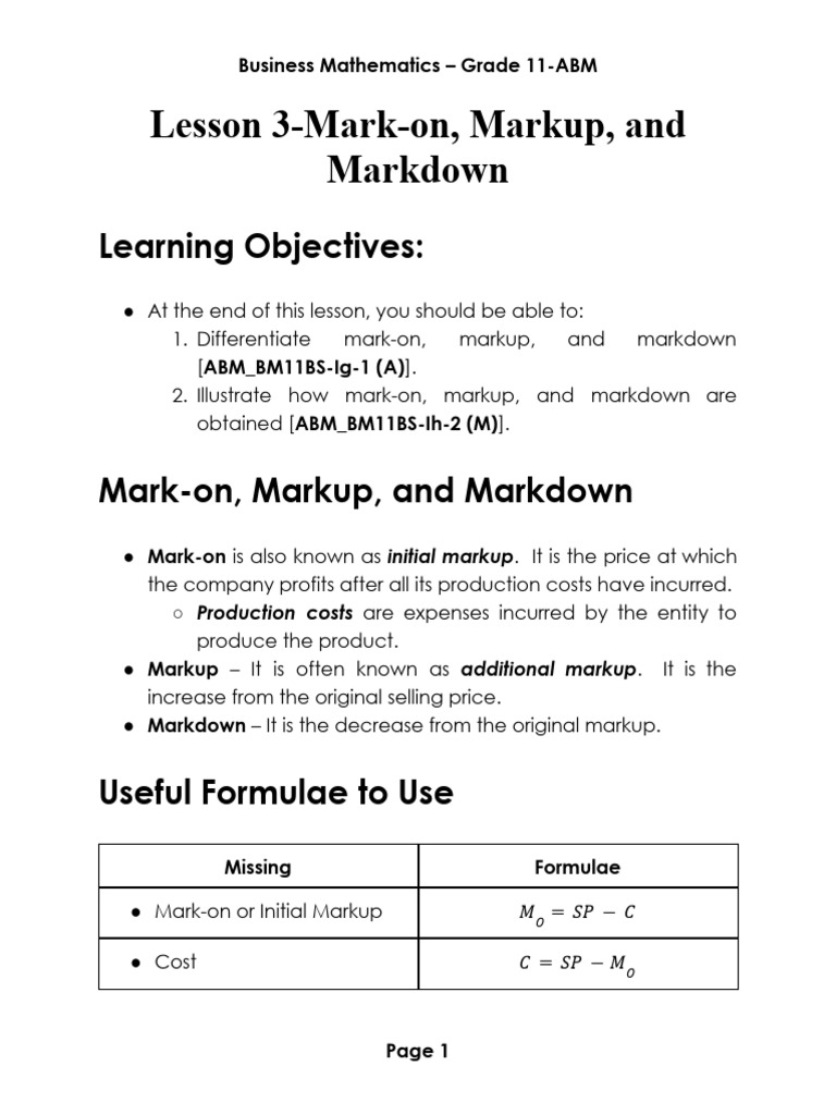 Study Note #3-Mark-On, Markup, and Markdown | PDF | Prices | Marketing