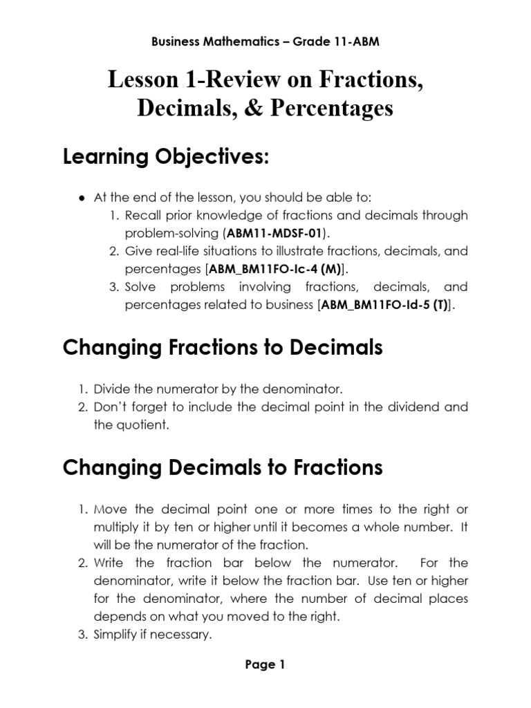 Study Note #1-Review On Fractions, Decimals, & Percentages | PDF | Division (Mathematics ...