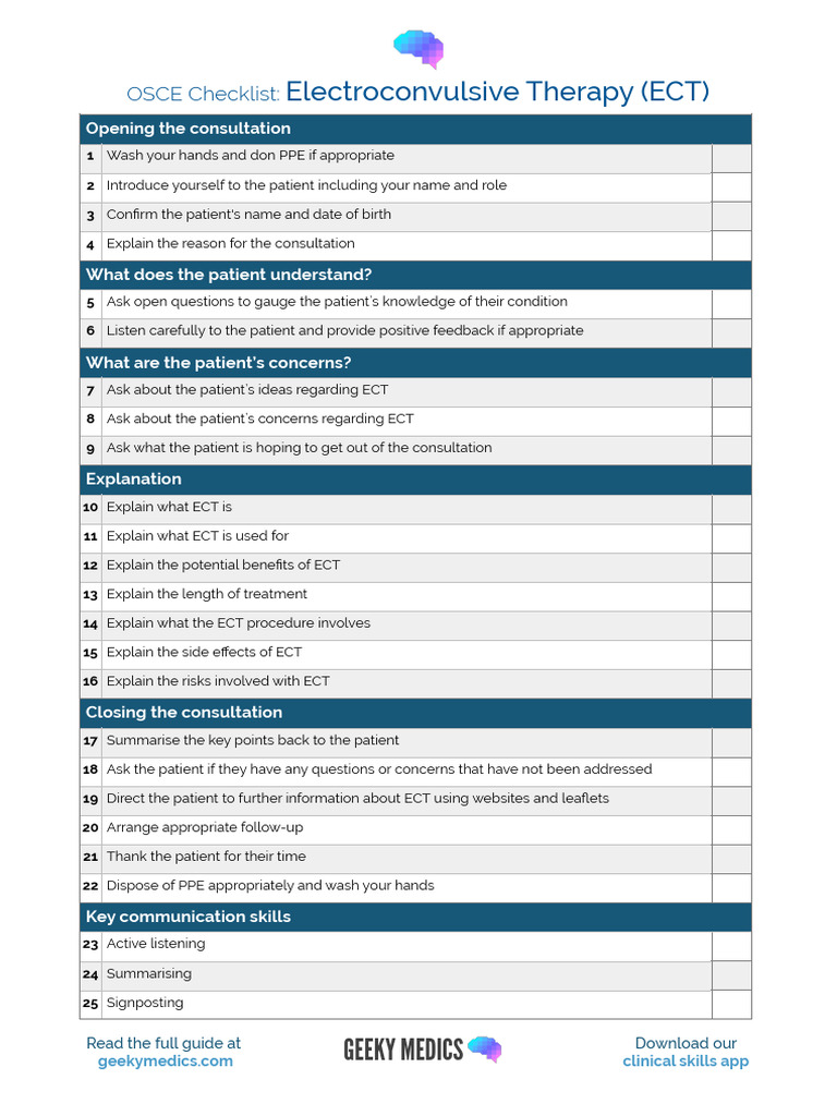 OSCE Checklist Electroconvulsive Therapy ECT Counselling | PDF