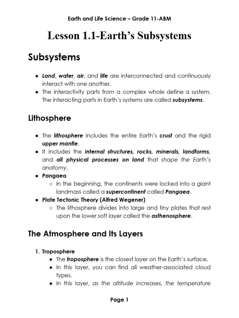 Study Note #1.1-Earth's Subsystems | PDF | Earth | Atmosphere Of Earth