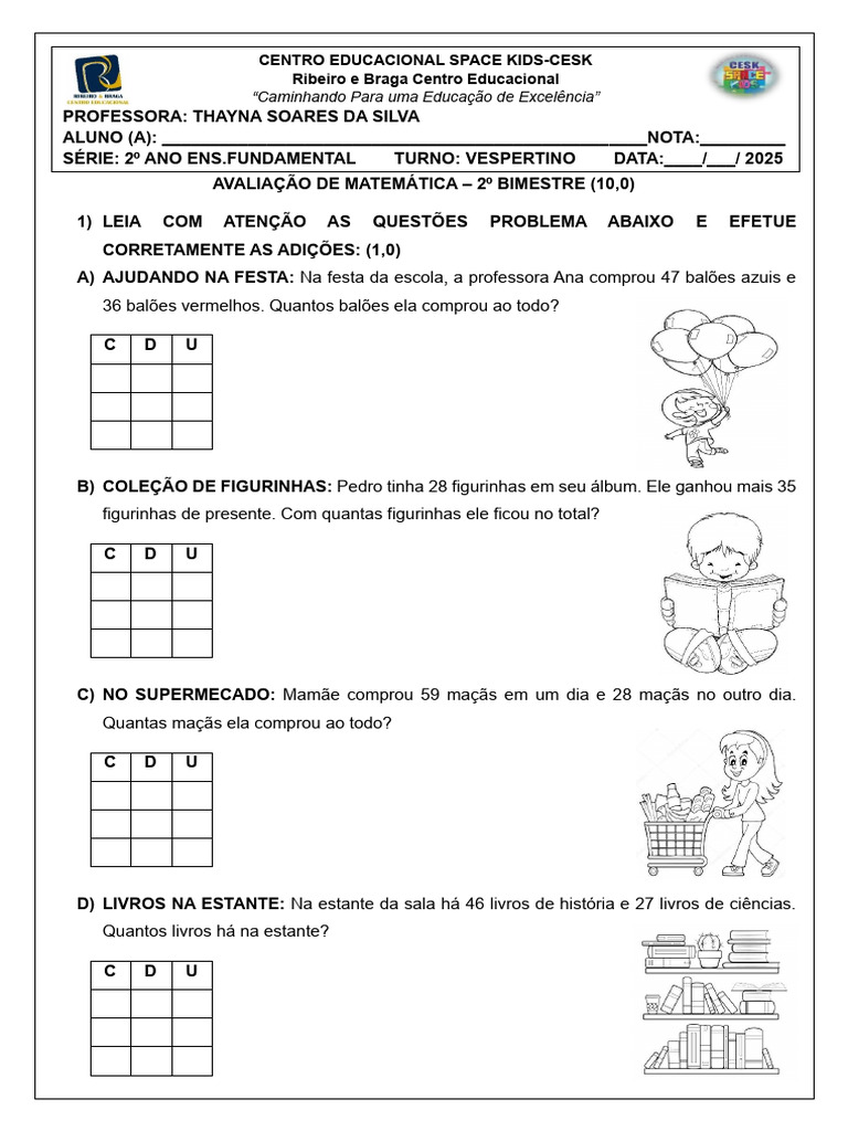 Avaliação De Matemática 2º Bimestre 2025 2º Ano Thayna Soares Pdf