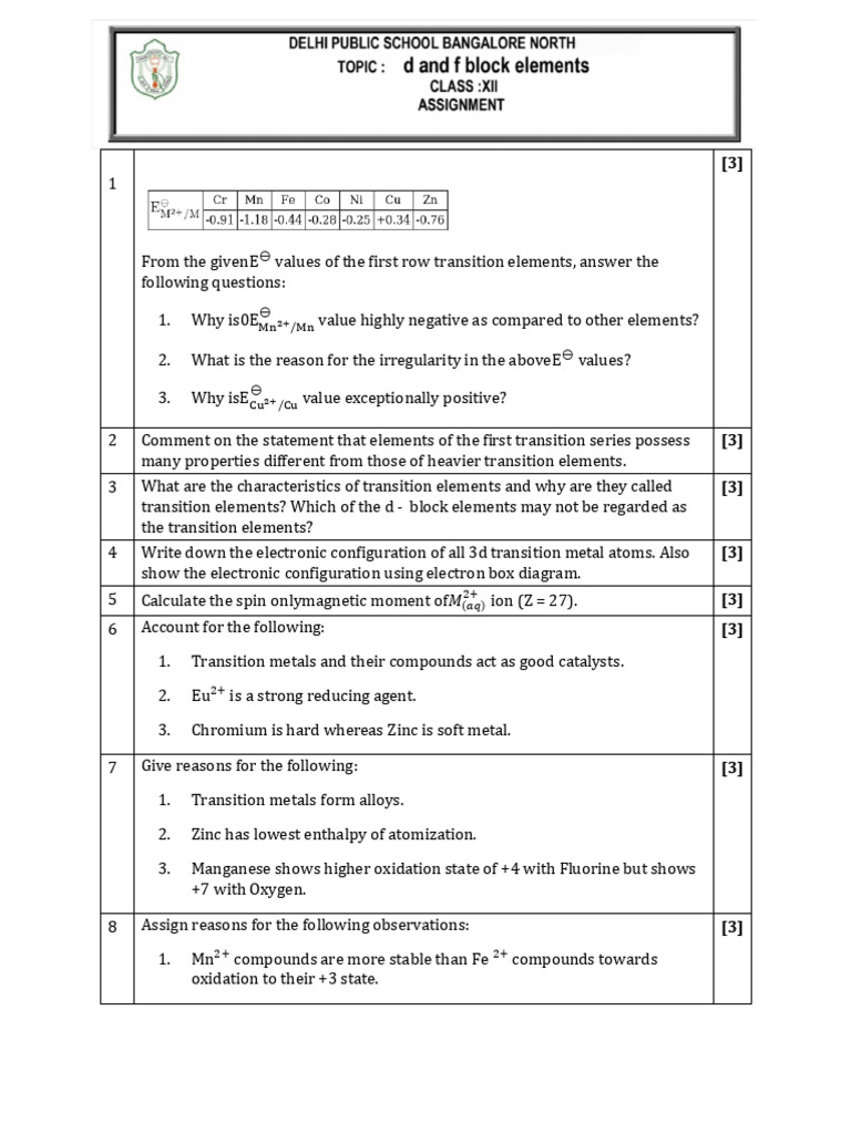 D and F Block Worksheet (3) : Block Elements May Not Be Regarded As ...