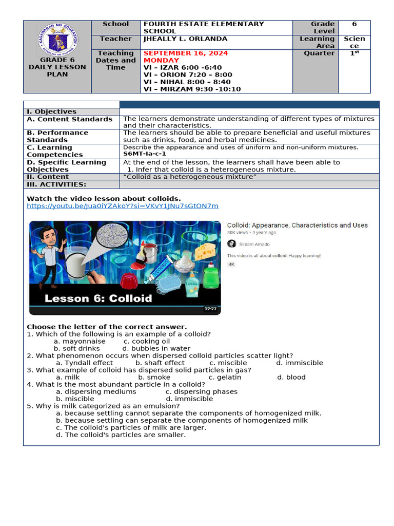 Grade 6 Science Lesson on Colloids | PDF