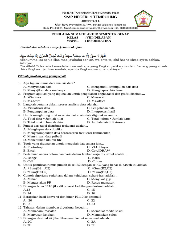 soal informatika kls 8 semester genap | PDF