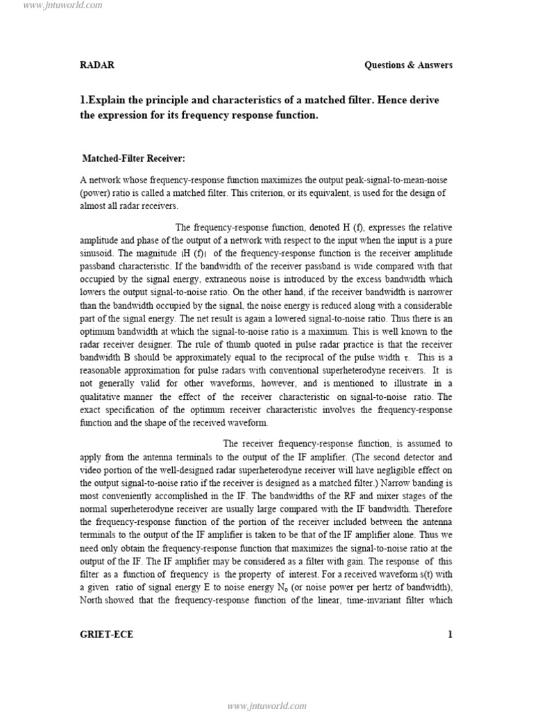 Matched Filter Characteristics in Radar | PDF | Bandwidth (Signal ...