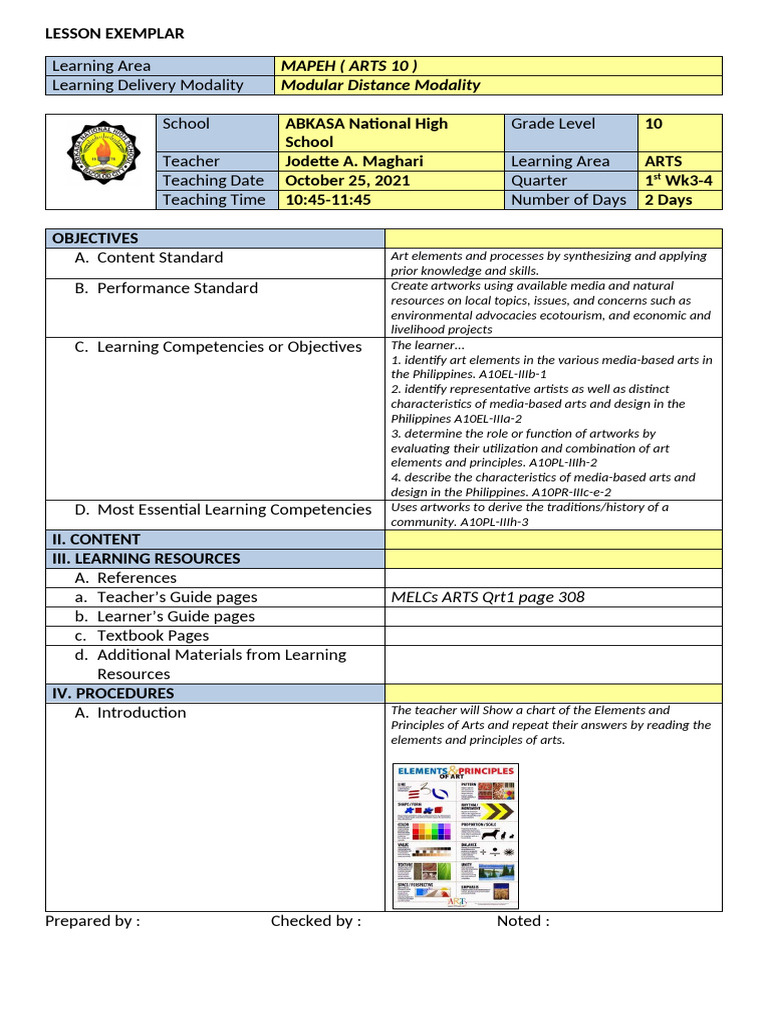 EXEMPLAR Mapeh 10 Q1wk3-4 | PDF | Learning | Teachers