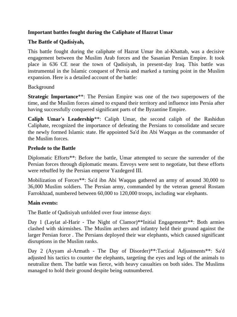 Important Battles Fought During The Caliphate of Hazrat Umar | PDF | Umar | Military