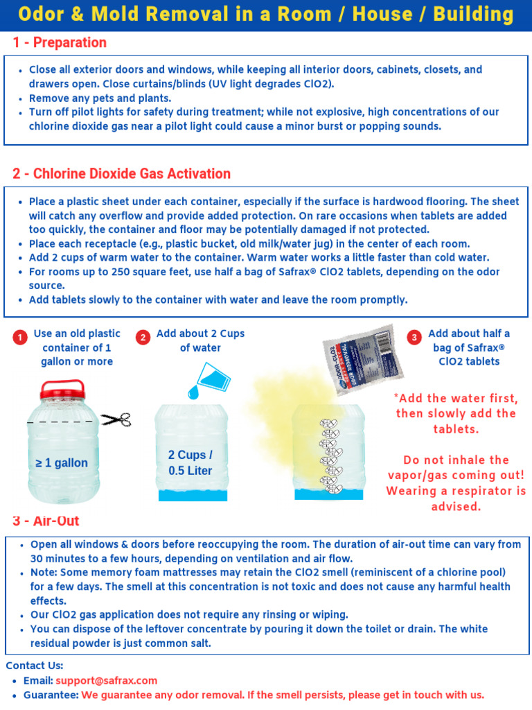 Safrax ClO2 Odor Removal Guide | PDF | Water