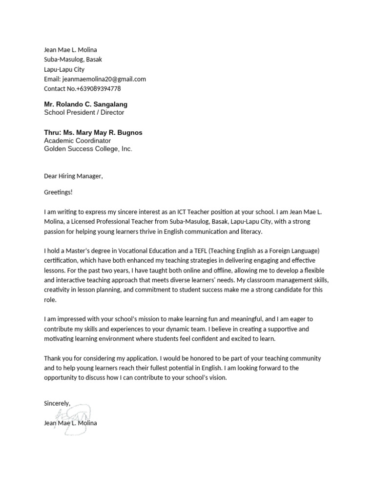 Application Letter - Jean Mae Molina - Maved Graduate | PDF