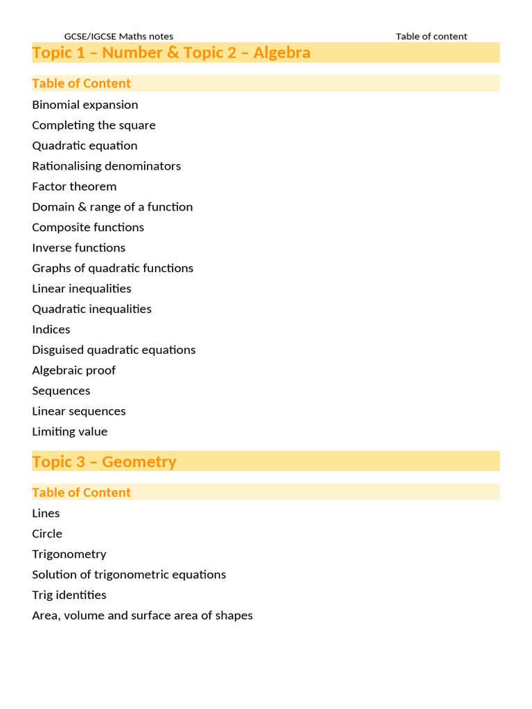 GCSE:IGCSE Maths Contents | PDF
