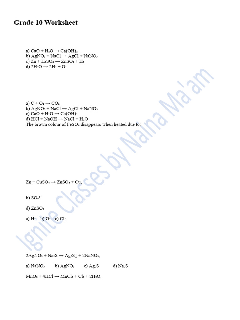 Grade 10 Worksheet 1 Chemical Reactions and Equations 15 May 2025 | PDF ...