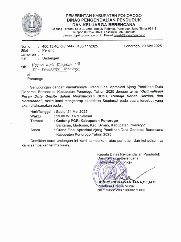 Undangan Grand Final Duta Genre KPD Koordinator | PDF