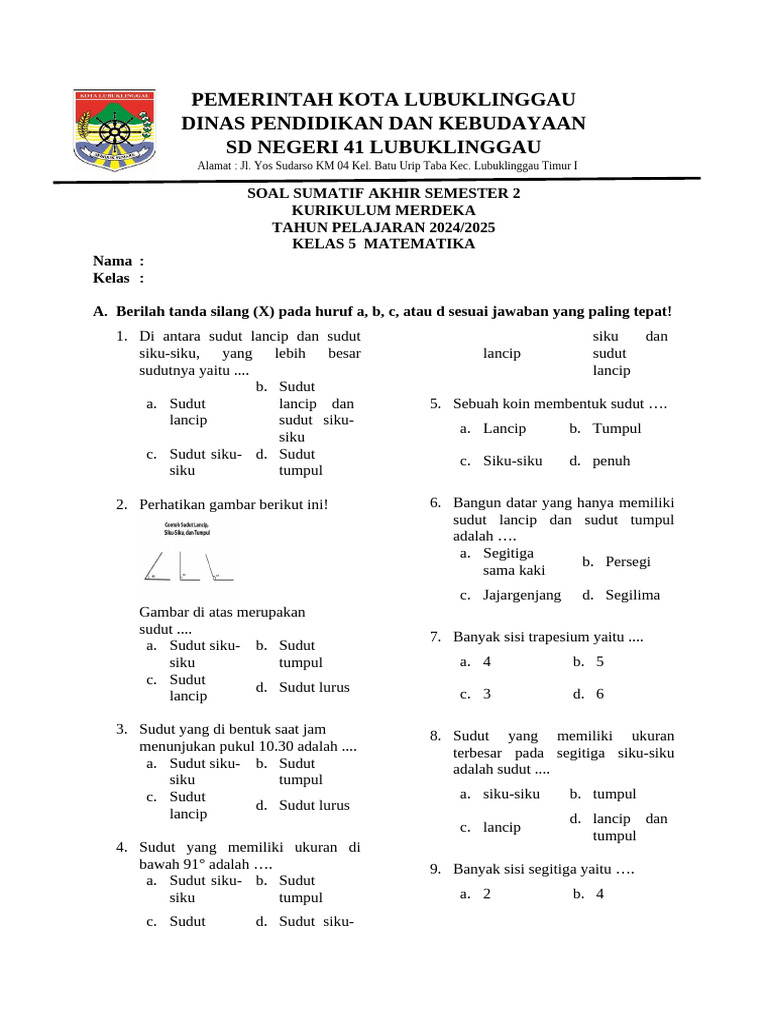 SAT MTK SEM 2 (Soal, Kisi2, Kunci Jawaban) | PDF