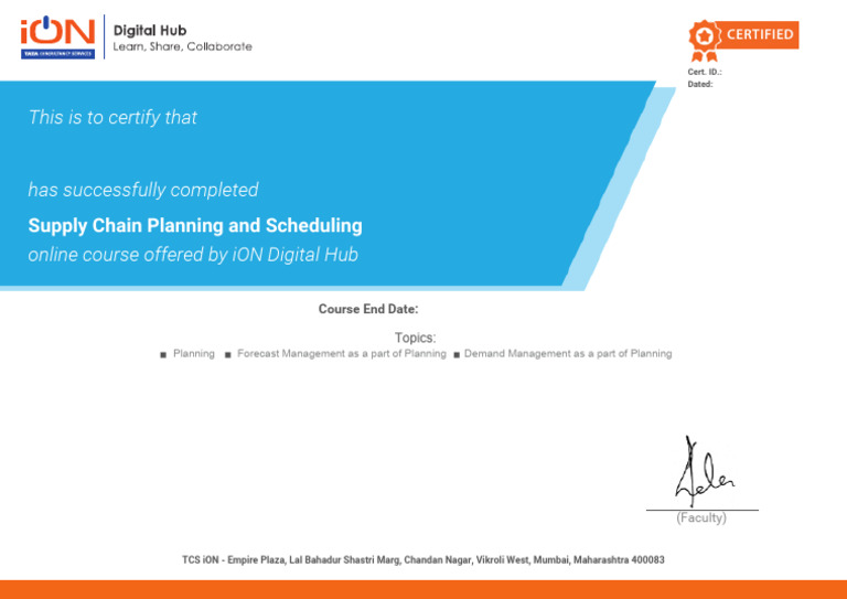 Tcs Ion Certificate For Supply Chain Palnning and Scheduling | PDF