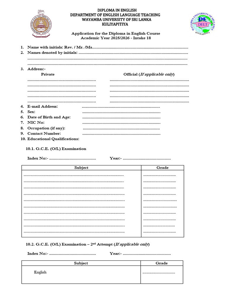 2025 Application Form For Wayamba University English Course | PDF | Vocational Education ...