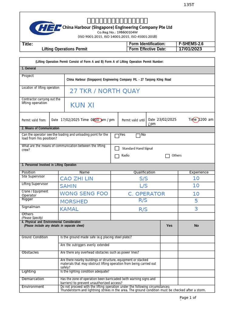 F-SHEMS-2.6 Lifting Operations Permit Revised 03 Form A | PDF | Crane ...