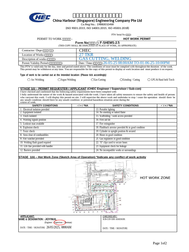 Hot Work Permit for Gas Cutting & Welding | PDF | Occupational Safety ...
