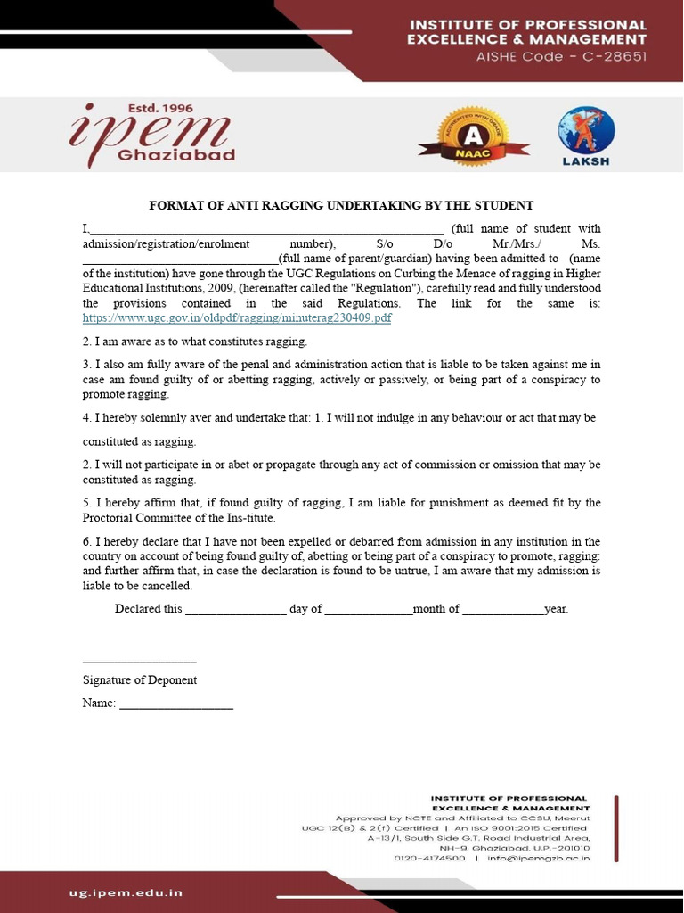 Anti-Ragging Undertaking Format | PDF