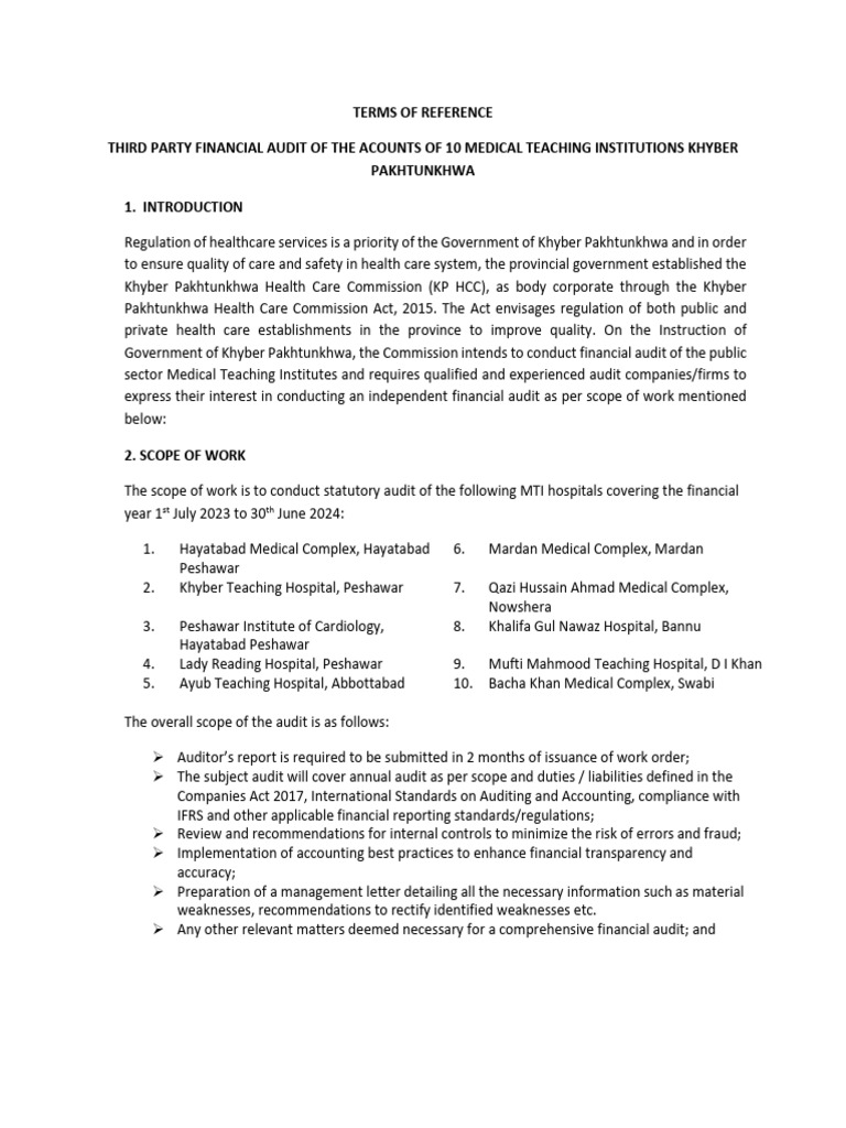 ToRs MTIs Audit (Updated) (1) May 14 2025 | PDF | Audit | Khyber Pakhtunkhwa