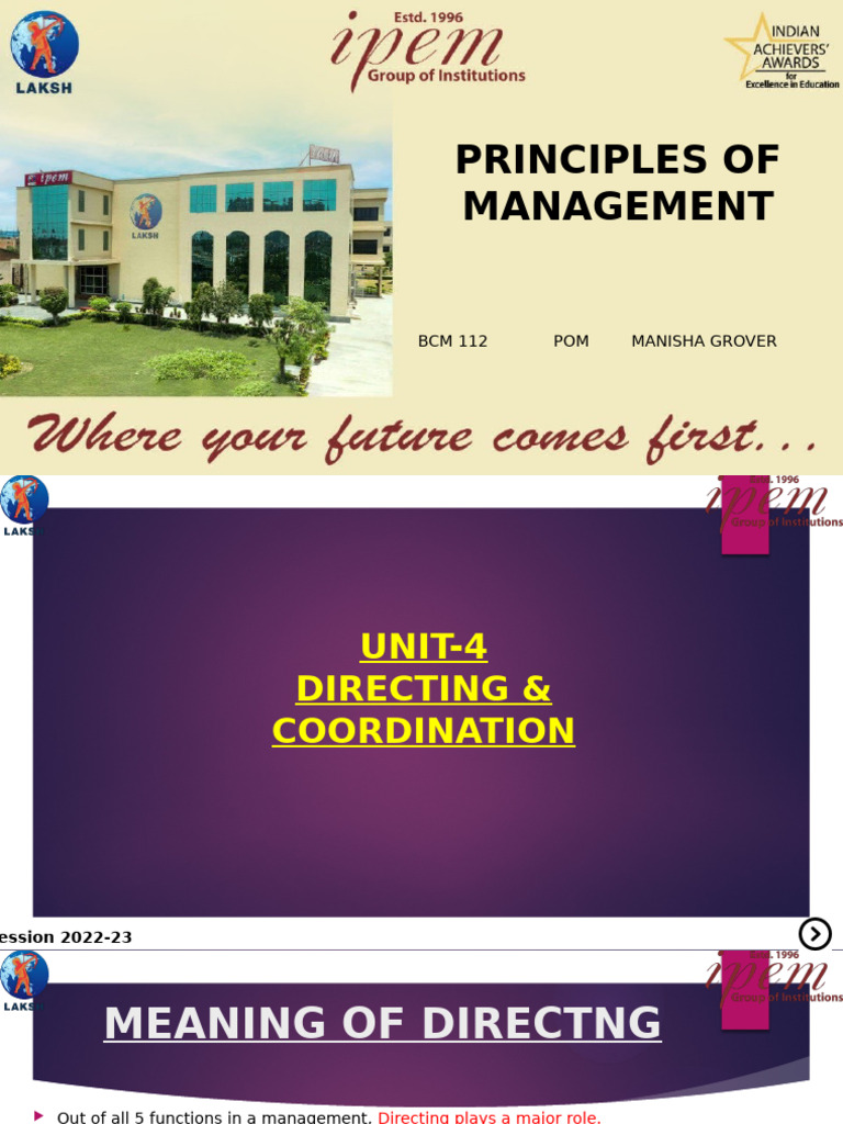 Unit-4 Directing and Coordination POM | PDF | Communication | Leadership