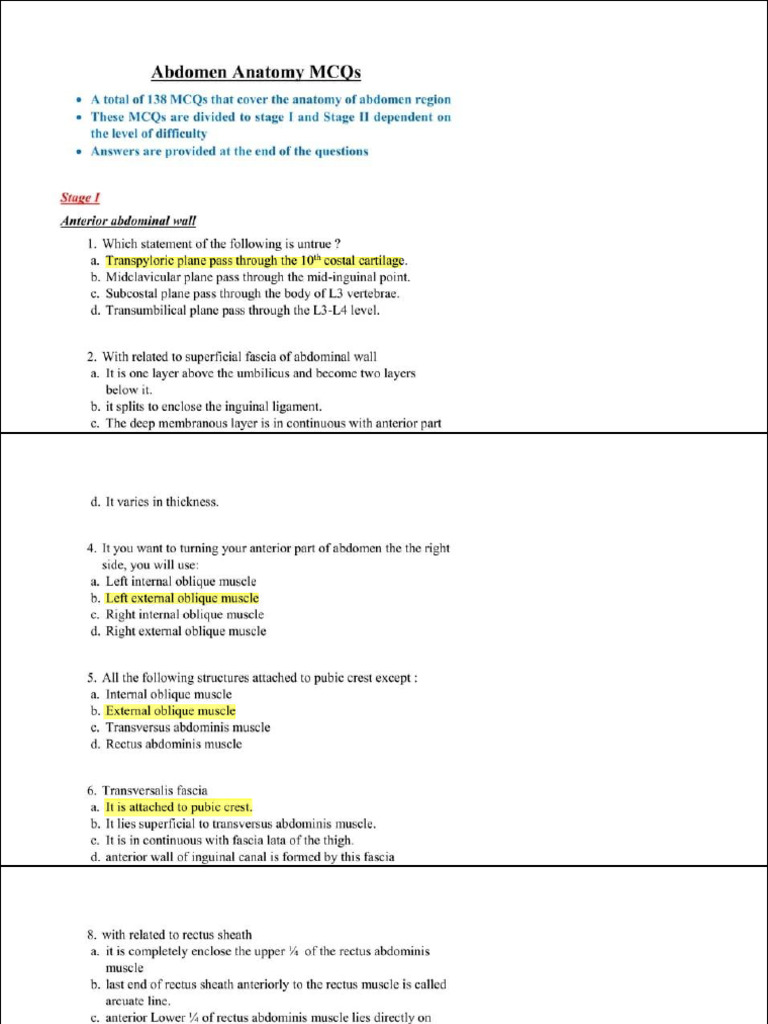 Abdomen Anatomy MCQs | PDF