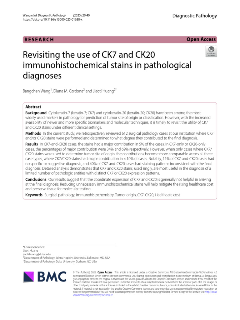 Revisiting The Use of CK7 and CK20 | PDF | Pathology | Biomarker