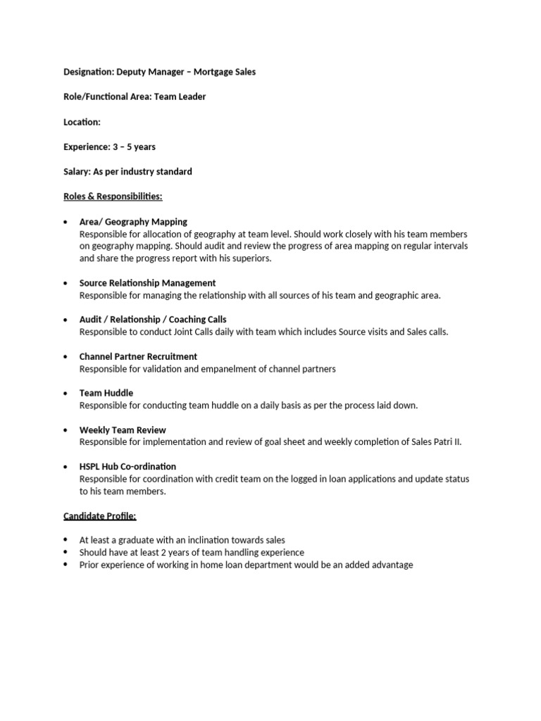 Deputy Manager - Mortgage Sales Role | PDF