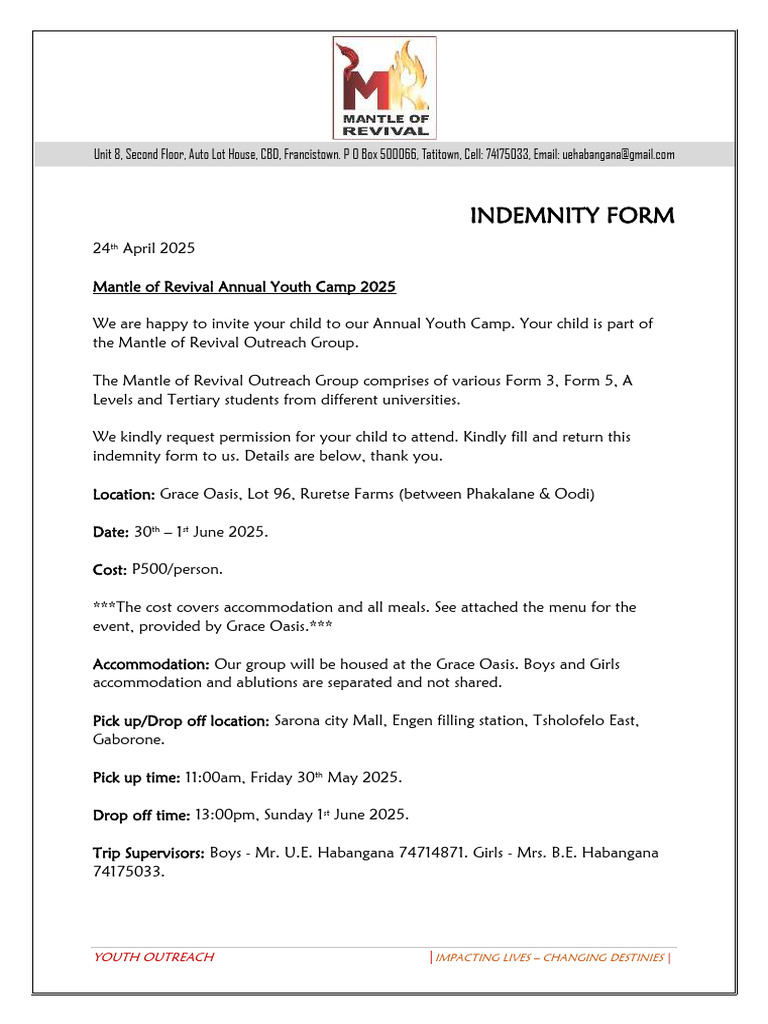 MoR - Indemnity Form, Youth Camp 2025 | PDF
