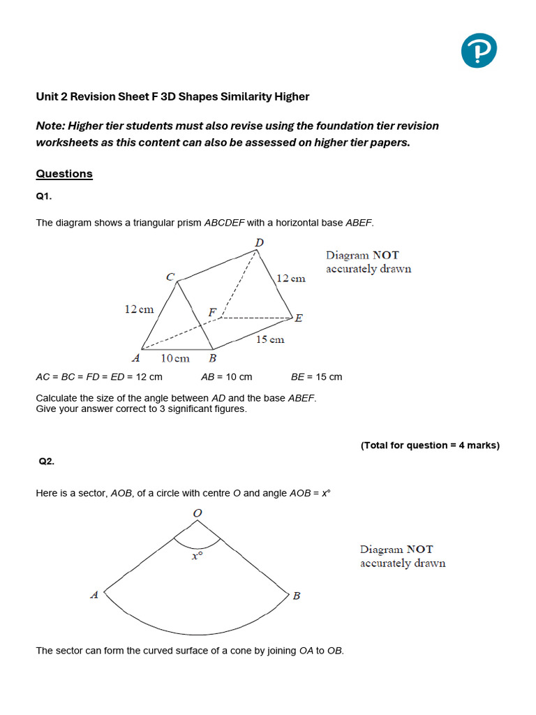 Printer Friendly Unit 2 Revision Sheet F 3D Shapes Similarity Higher ...