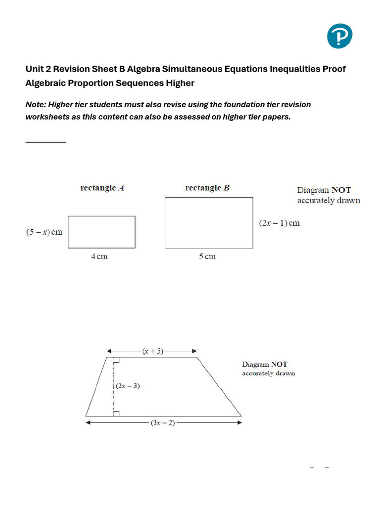 Printer Friendly Unit 2 Revision Sheet B Algebra Simultaneous Equations ...