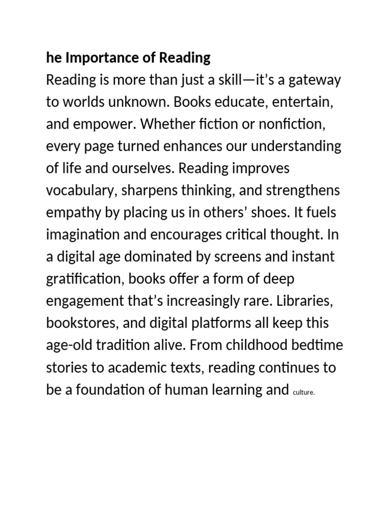 He Importance of Reading | PDF