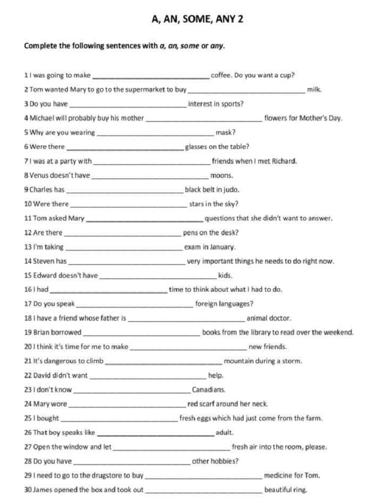 A-An-Any-Some Practice Worksheet | PDF