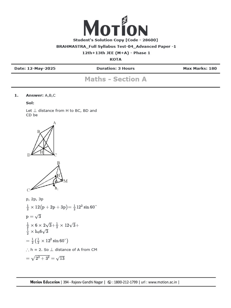 BTS FST-04 Paper - 1 Advanced Solution | PDF | Geometry | Matrix Theory