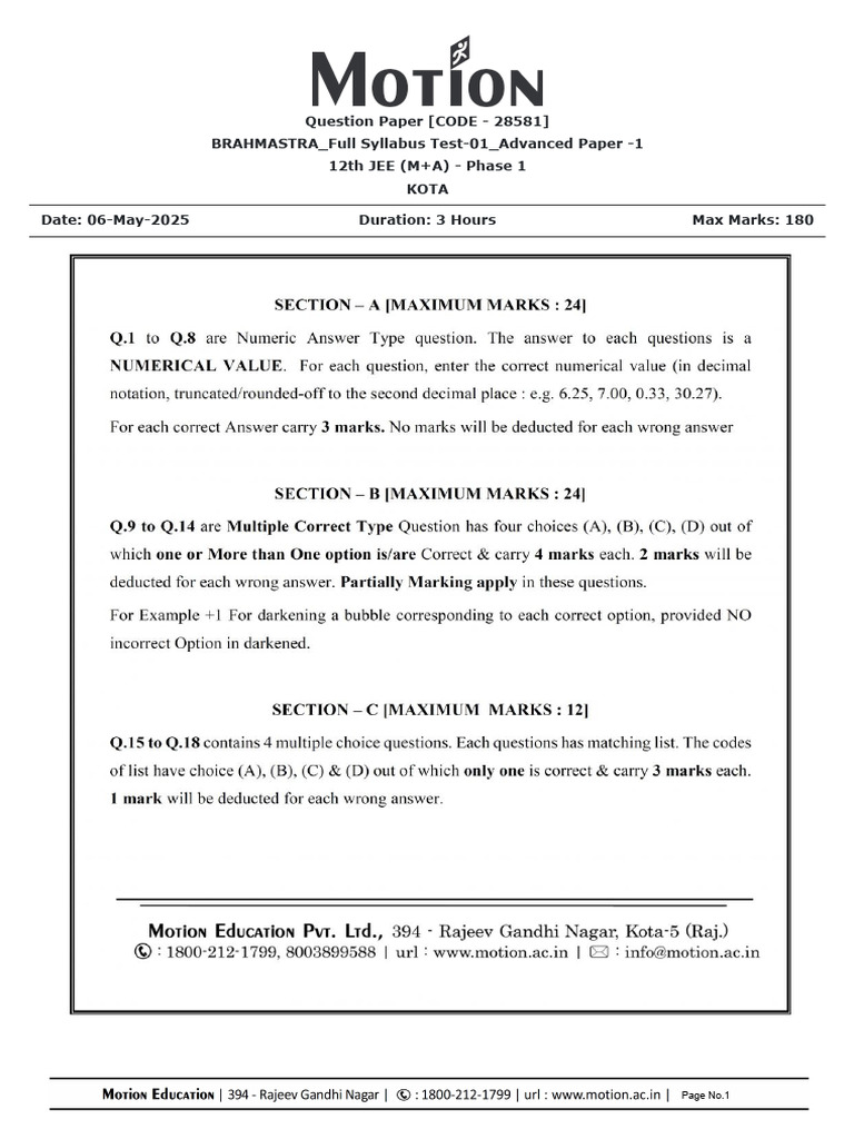 BTS FST-01 Paper - 1 Advanced Paper | PDF