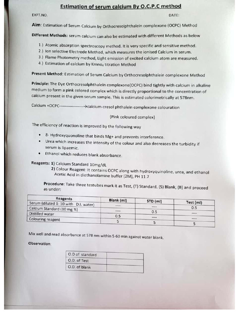 Estimation of Serum Calcium | PDF