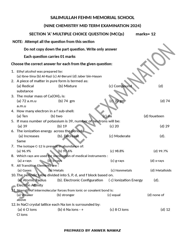 2024 Chemistry Midterm Exam MCQs & Answers | PDF | Chemical Bond | Ion