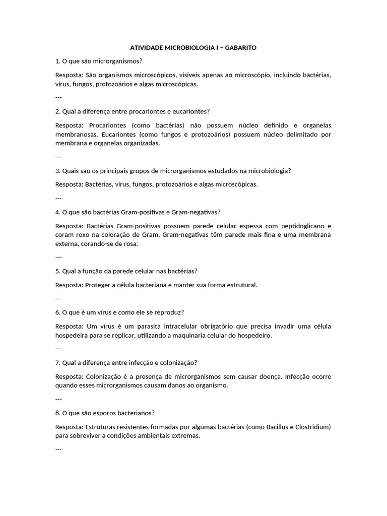 Atividade Microbiologia I - Gabarito | PDF