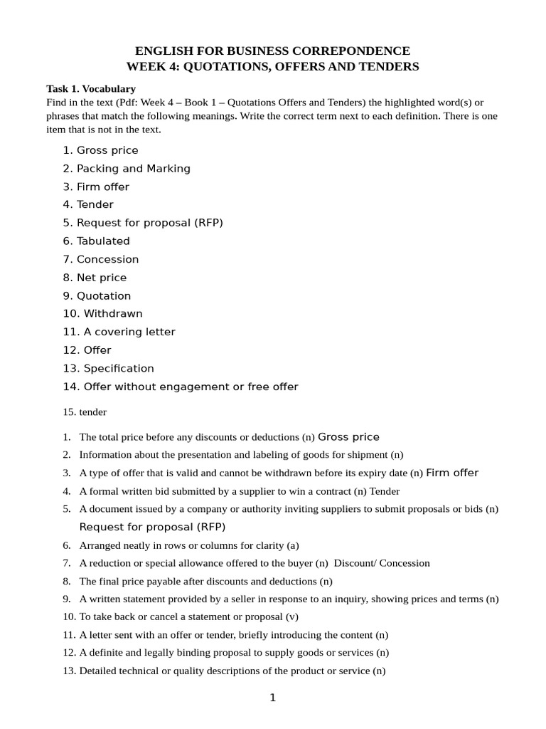 Week 4 - Quotations - Offers - Tenders - Handout | PDF | Prices ...