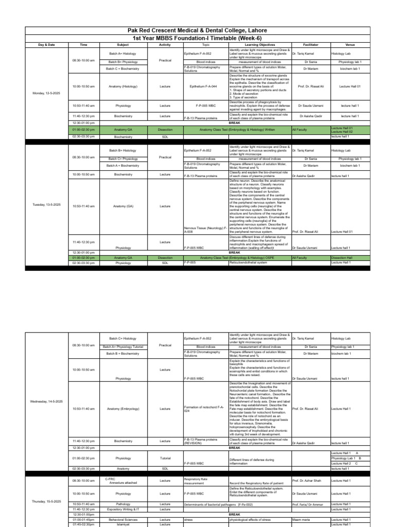 Time Table 2025 - 1st Year MBBS | PDF | Anatomy | White Blood Cell