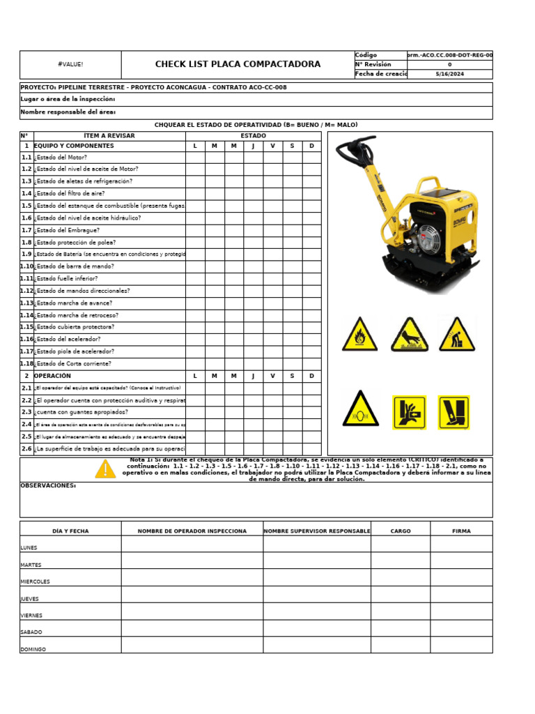 Form.-ACO - CC.008-DOT-REG-006 - Check List Placa Compactadora | PDF ...
