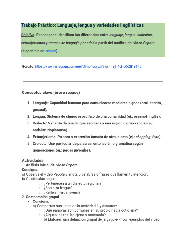 Trabajo Práctico_ Lenguaje, Lengua y Variedades Lingüísticas | PDF