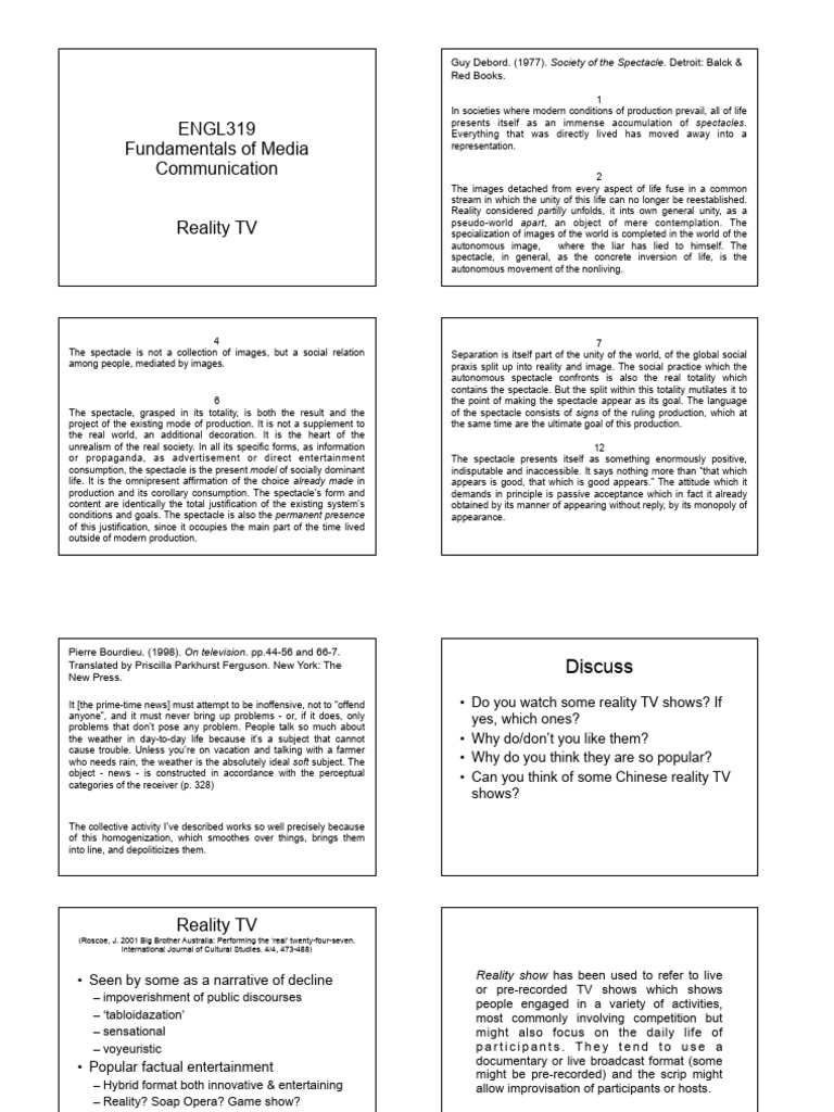 ENGL319 Reality TV Handout | PDF