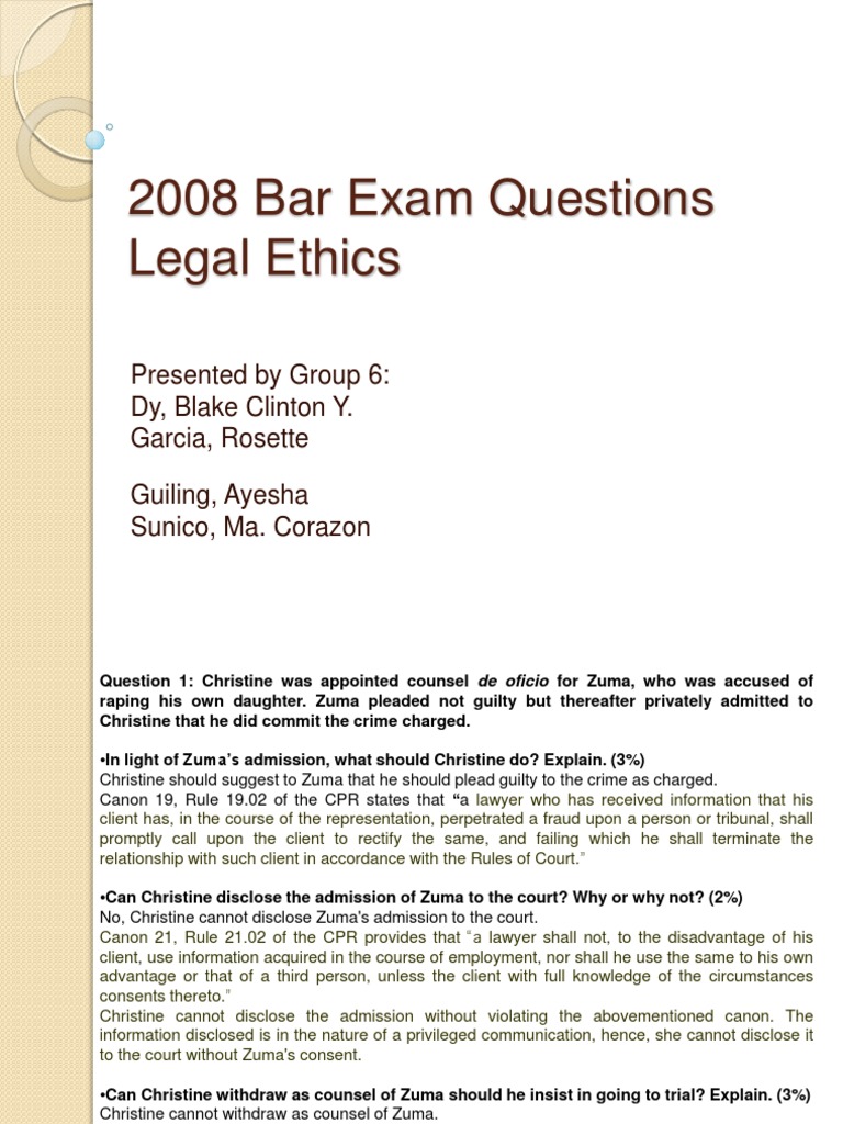 2008 Bar Exam Questions | PDF | Lawyer | Confidentiality