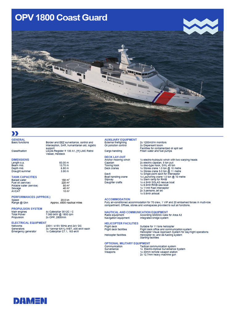 Offshore Patrol Vessel Coast Guard-1800-Std-Ds-Damen | PDF | Crane ...