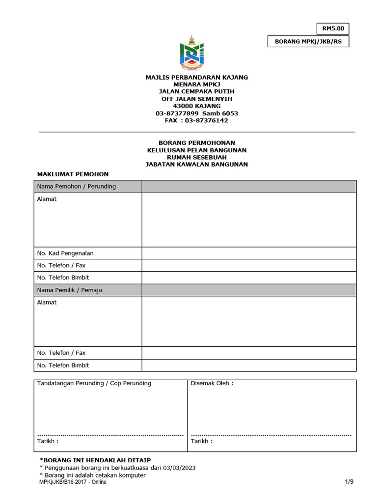 Borang Permohonan Kelulusan Pelan Bangunan Rumah Sesebuah Online ...