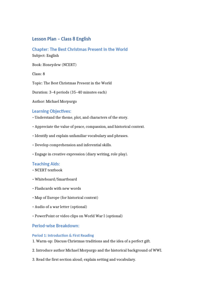 Class 8 Lesson Plan: Christmas Present | PDF