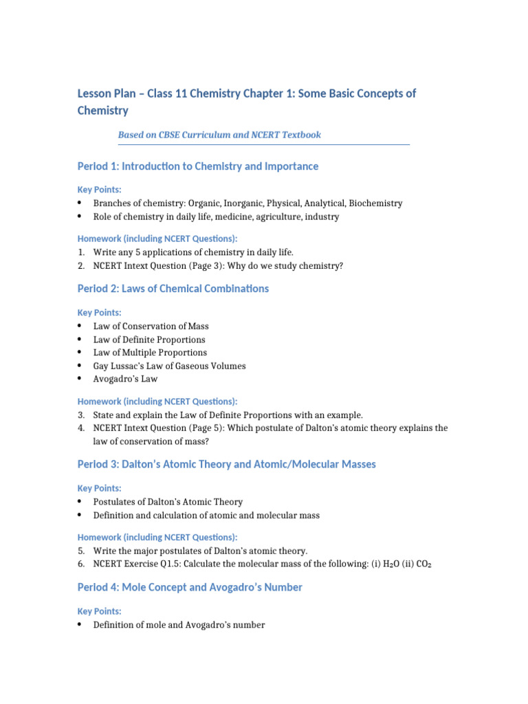 Class 11 Chemistry Lesson Plan CBSE With Homework | PDF | Mole (Unit) | Stoichiometry