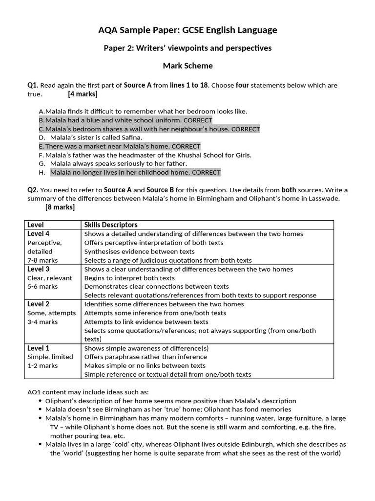 AQA English Language Sample Paper 2c Mark Scheme | PDF | Linguistics ...