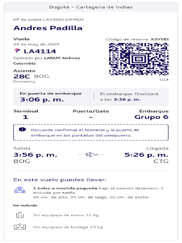 Tarjeta de Embarque Andres P LA4114 | PDF