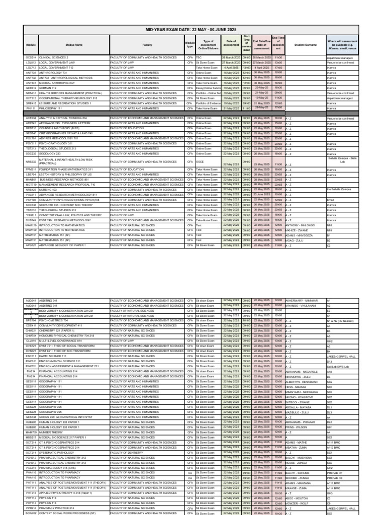 Mid-Year Exam Schedule 2025 | PDF | Science | Liberal Arts Education